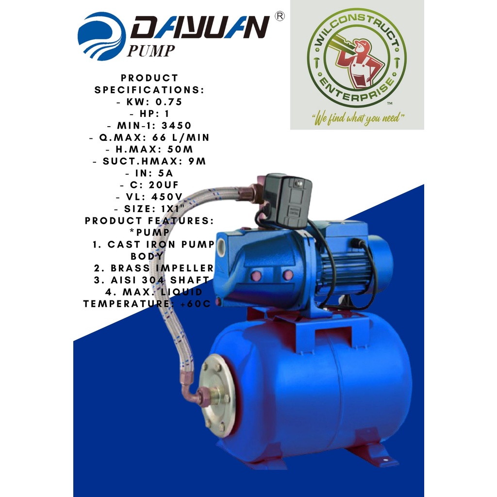 DAYUAN 1HP Self-Priming Jet Pump w/ 24 Bladder Tank (JET750AH+24L ...