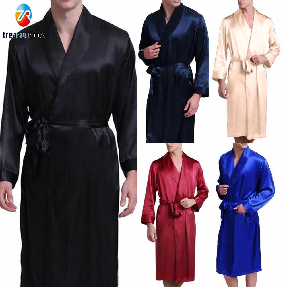 Mens Night Silk Satin Robe Pyjamas Room Bathrobe Robes Long Satin Gown ...