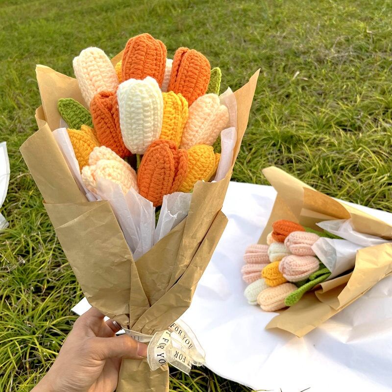 [In Stock] Simulation Woven Bouquet Tulip Rose Carnations Wool Bouquet Finished Valentine's Day ...
