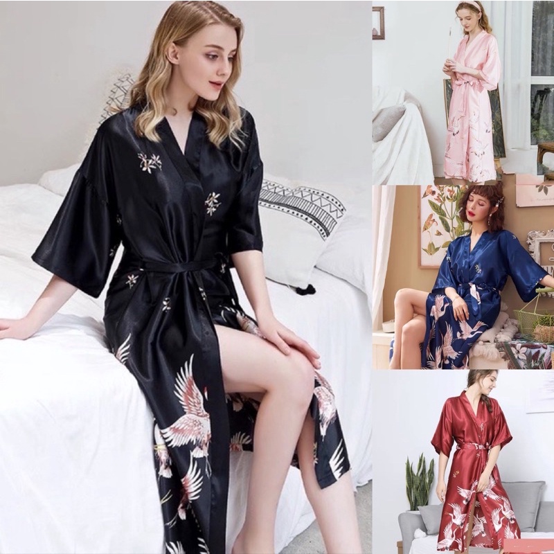 Crane crane simulation silk bridesmaid bride robe wedding robe | Shopee ...