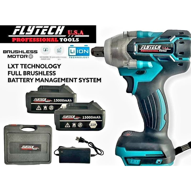 Brushless 2 Batteries Flytech USA Cordless Impact Wrench 21v 15,000 mAh ...
