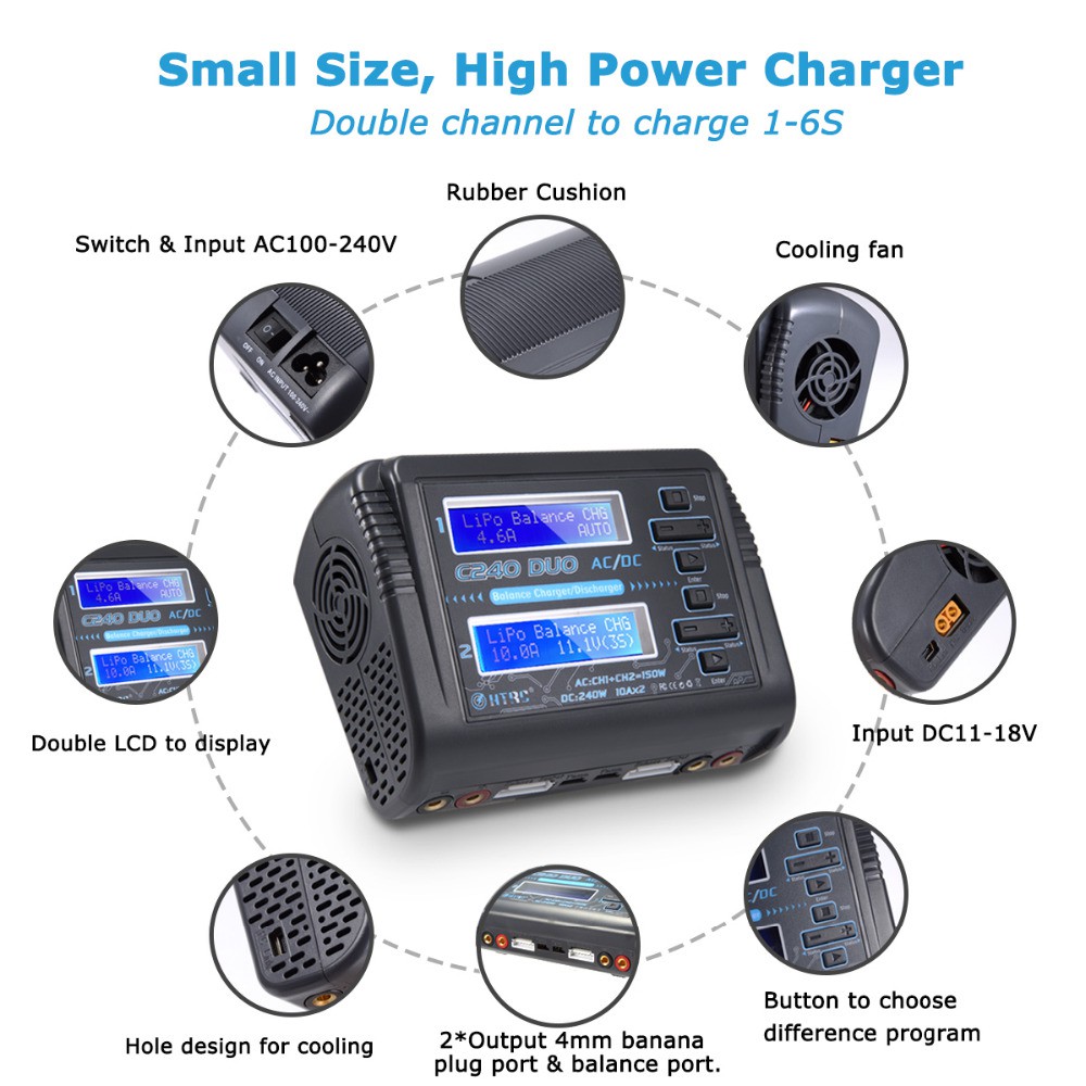 CHTRC C240 Duo RC Lipo charger AC/150W DC/240W Dual Channel 10A Balance ...