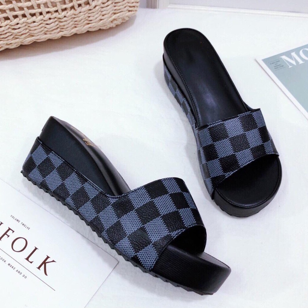 Women's wedge sandals with checkered pattern and color combination ...
