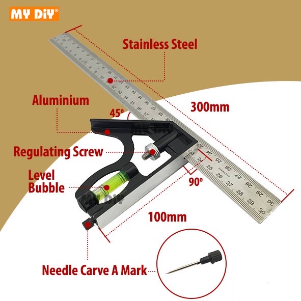 Arrow Stainless Steel Combination Square Ruler Level Gauge Angle Metric ...