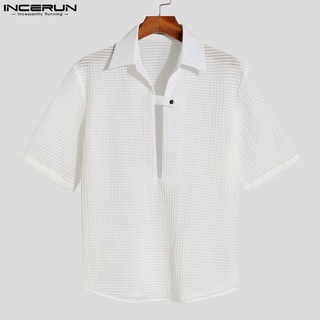 INCERUN Mens Short Sleeve See Through Mesh Collared Solid Deep V Polo ...