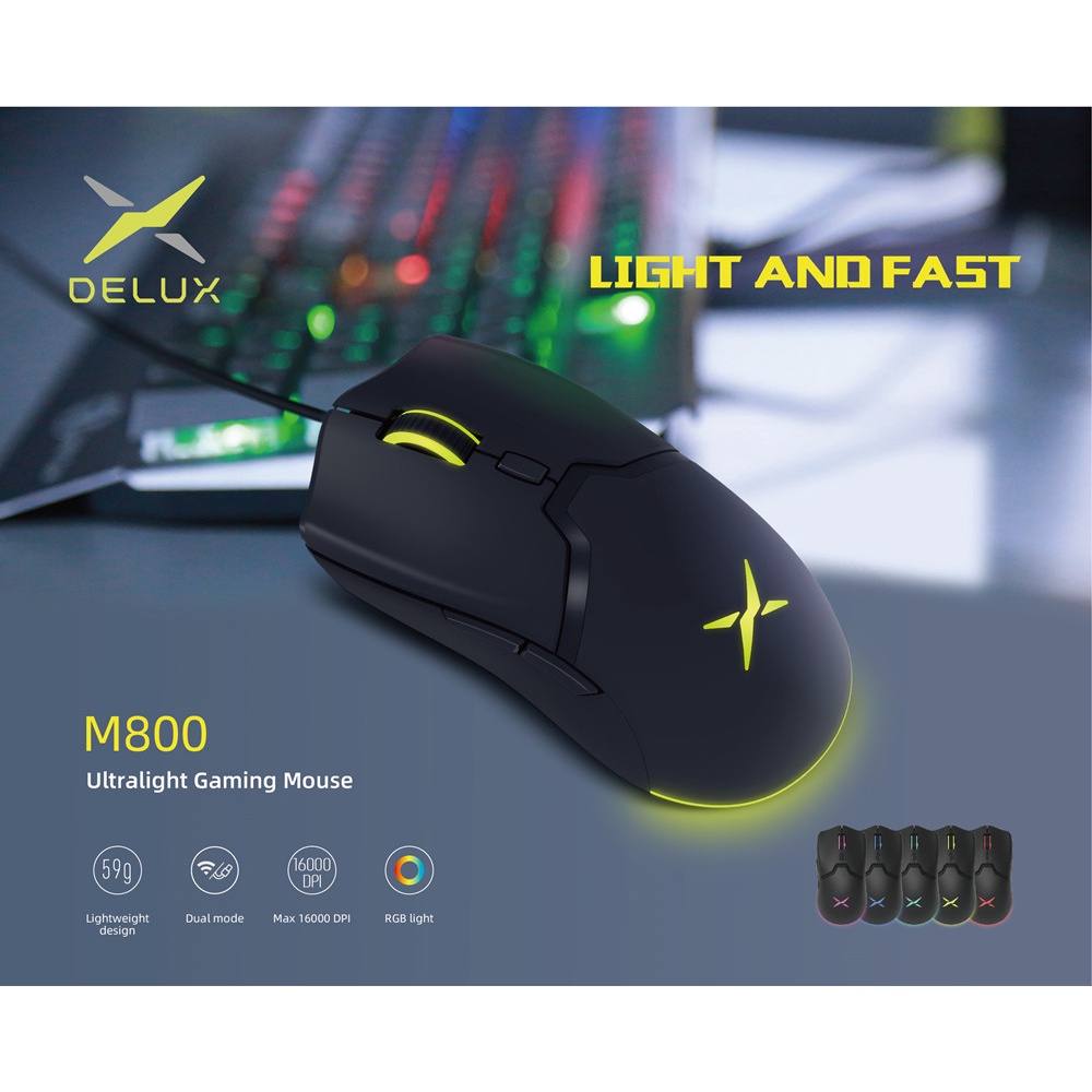 Delux M800 Lightweight Wireless Wired Gaming Mouse Optical Sensor 16000DPI 70g RGB Rechargeable ...