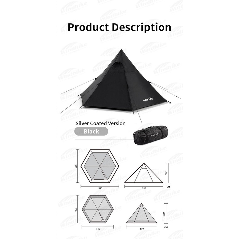 BLACKDOG by Naturehike Hexagon Pyramid Black Tent 4 Person 150D Oxford ...