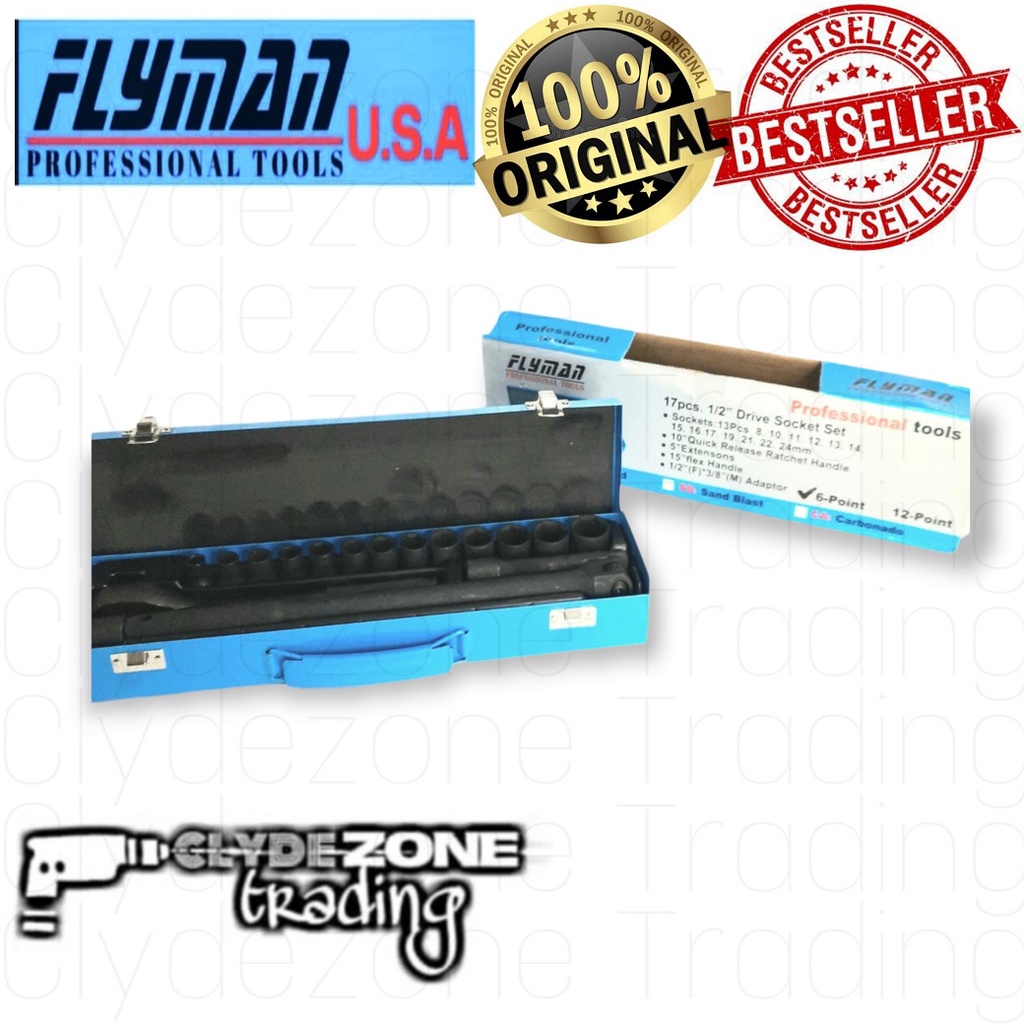 FLYMAN ORIGINAL 17 Pcs. 1/2 Drive Socket Set 6 Points (Hex Type ...
