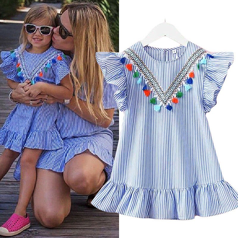 Family matching clothes Stripe Tassel Mini Dress Mom and Daughter Short ...