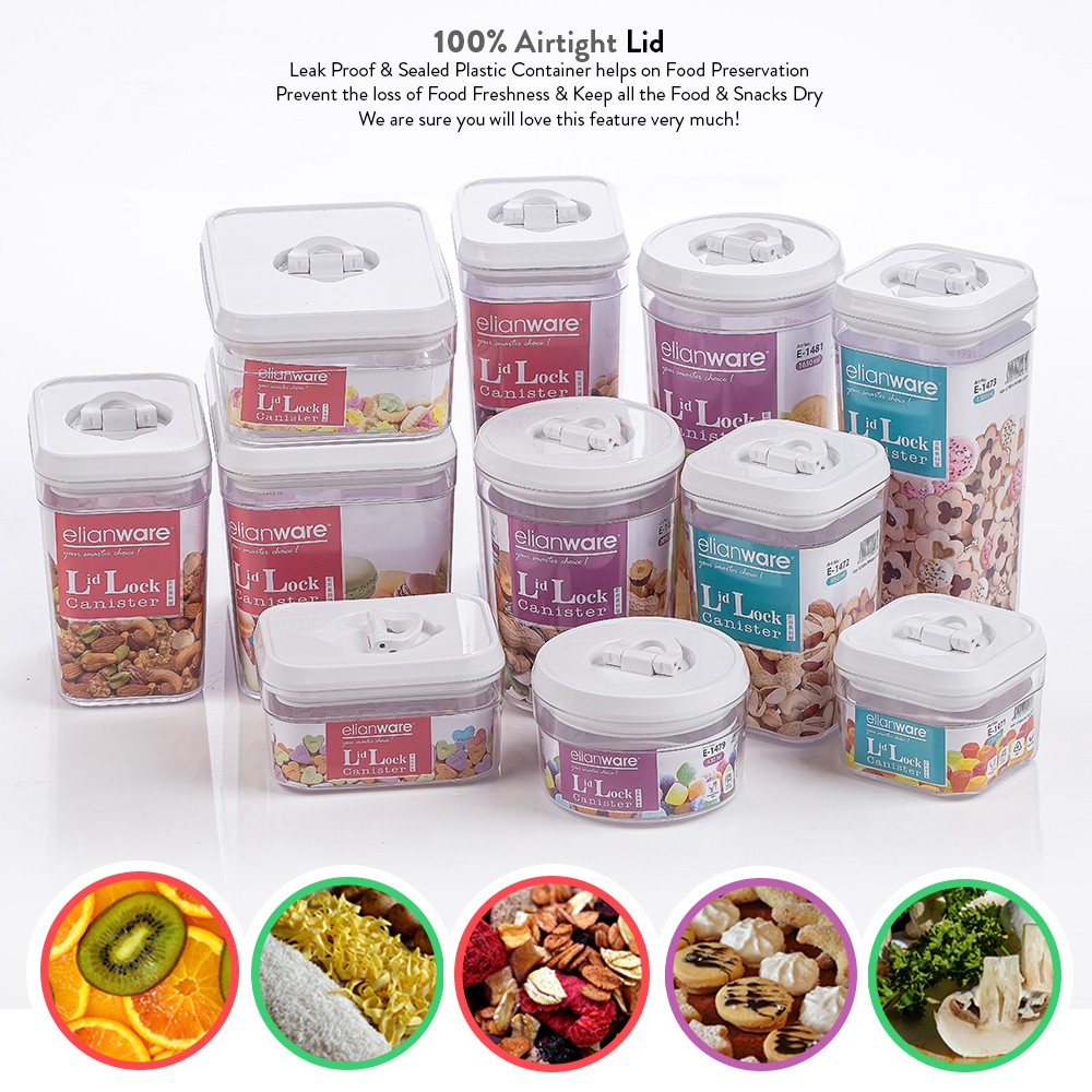 Elianware Lid Lock Airtight Square Canister Food Container Storage Milk ...