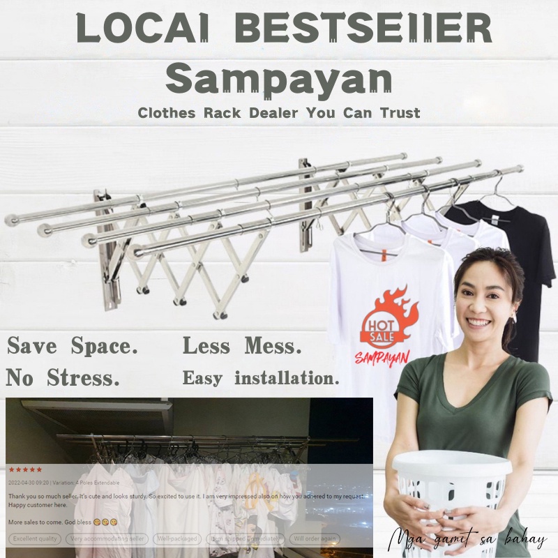 Sampayan Foldable Clothes Rack Wall Mounted Clothes Stainless Hanger Extendable sampayan outdoor ...