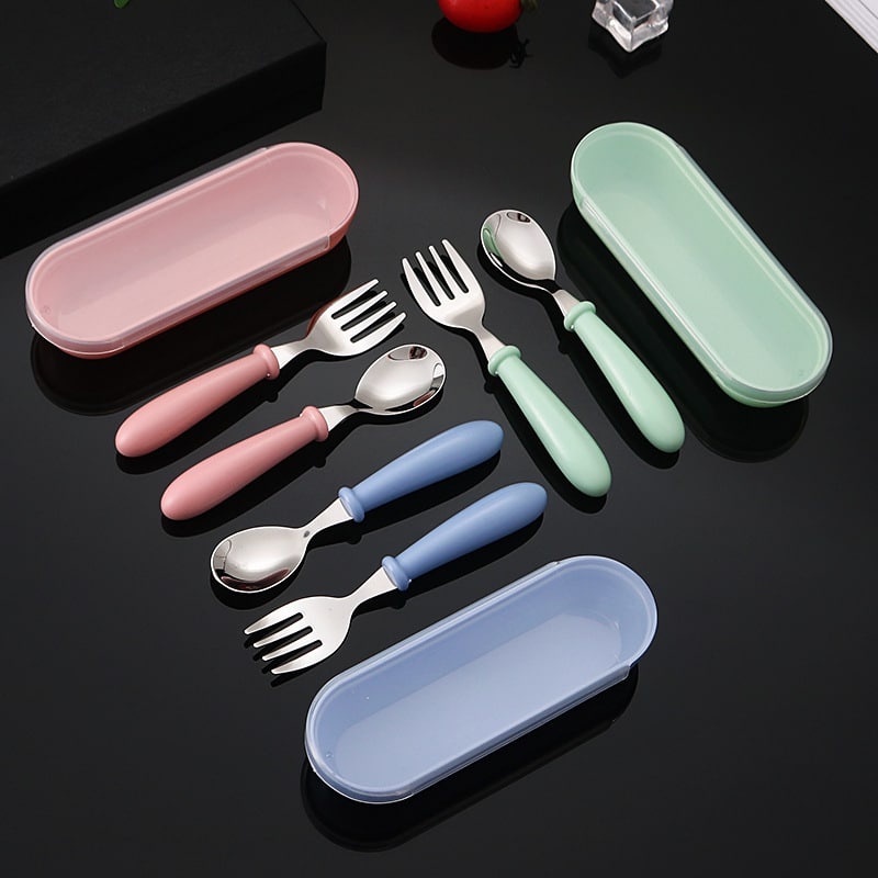 2in1 Set Stainless Steel Fork Spoon with Box Kids Training Spoon Soup ...