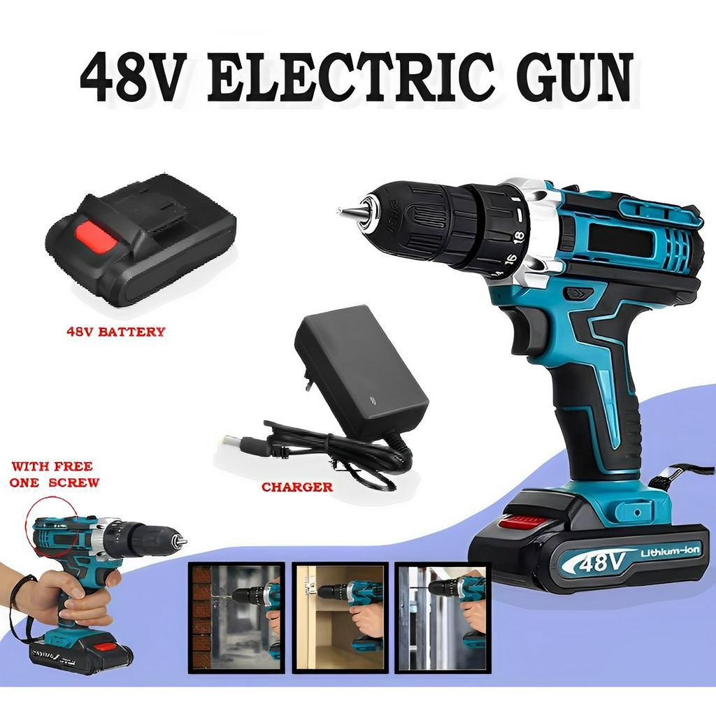 Cordless Electric Drill Gun With Rechargeable 48V Lithium Battery Heavy ...