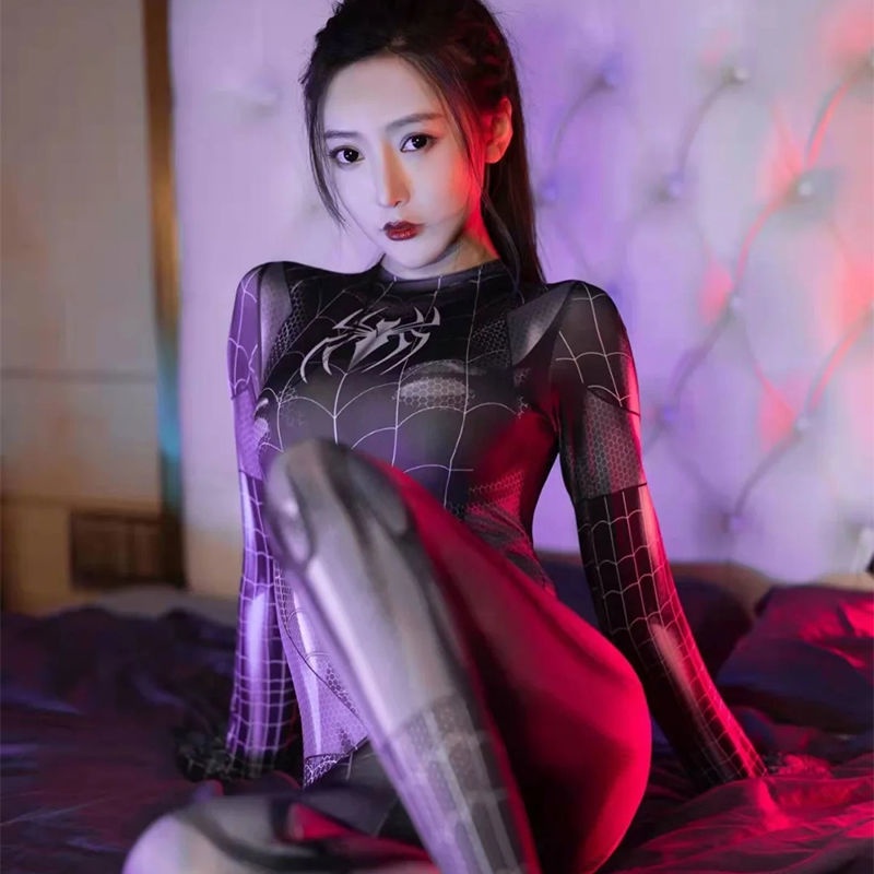 Influencer Sexy Spiderman Tights One-Piece Female Open Crotch Black ...