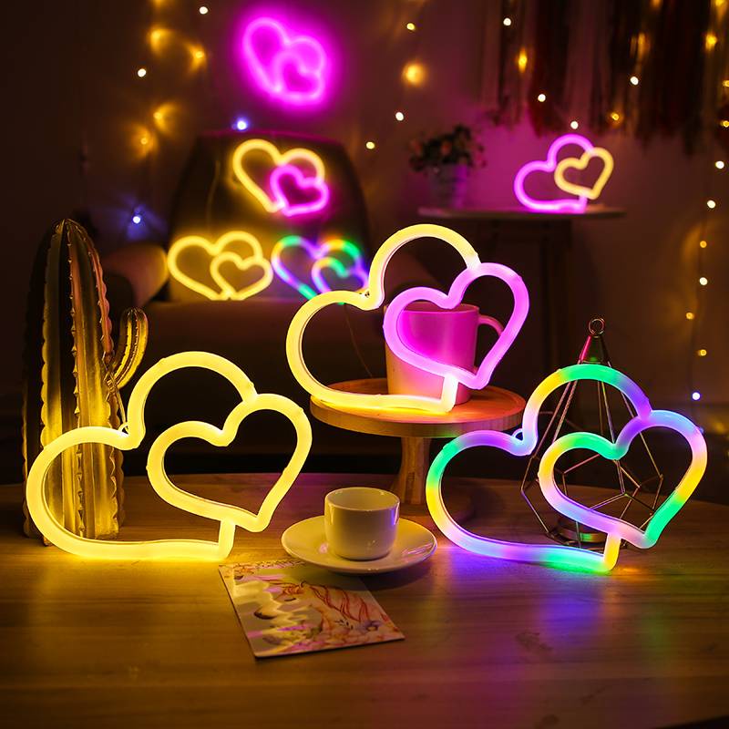 Led Neon Light Colorful Double Heart Shape Wall Hanging Neon Sign For ...