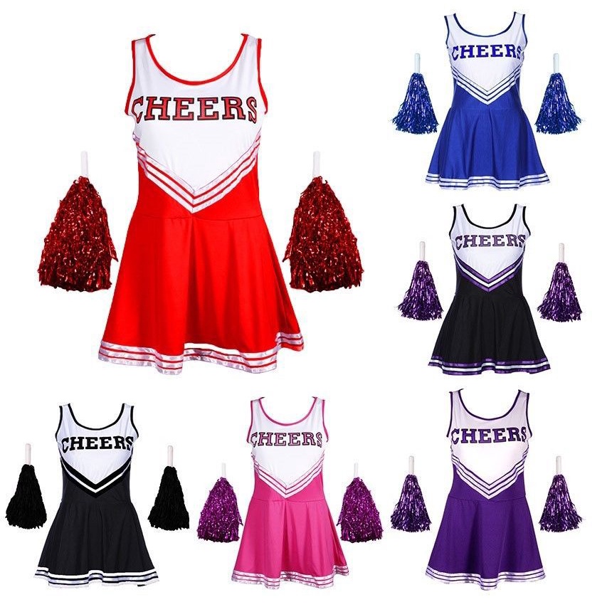 Cheerleader Uniform Fancy Dress Outfit Musical Costume With Pom Poms