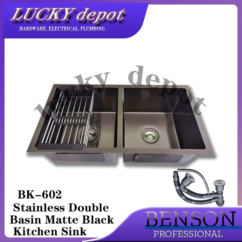 BK602 STAINLESS MATTE BLACK DOUBLE TUB KITCHEN SINK (82X45X23CM) W ...