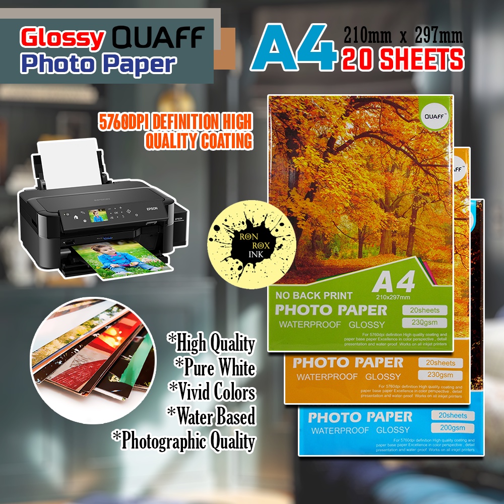 QUAFF A4 180GSM / 200GSM / 230GSM Back Print Glossy Inkjet Photo Paper ...