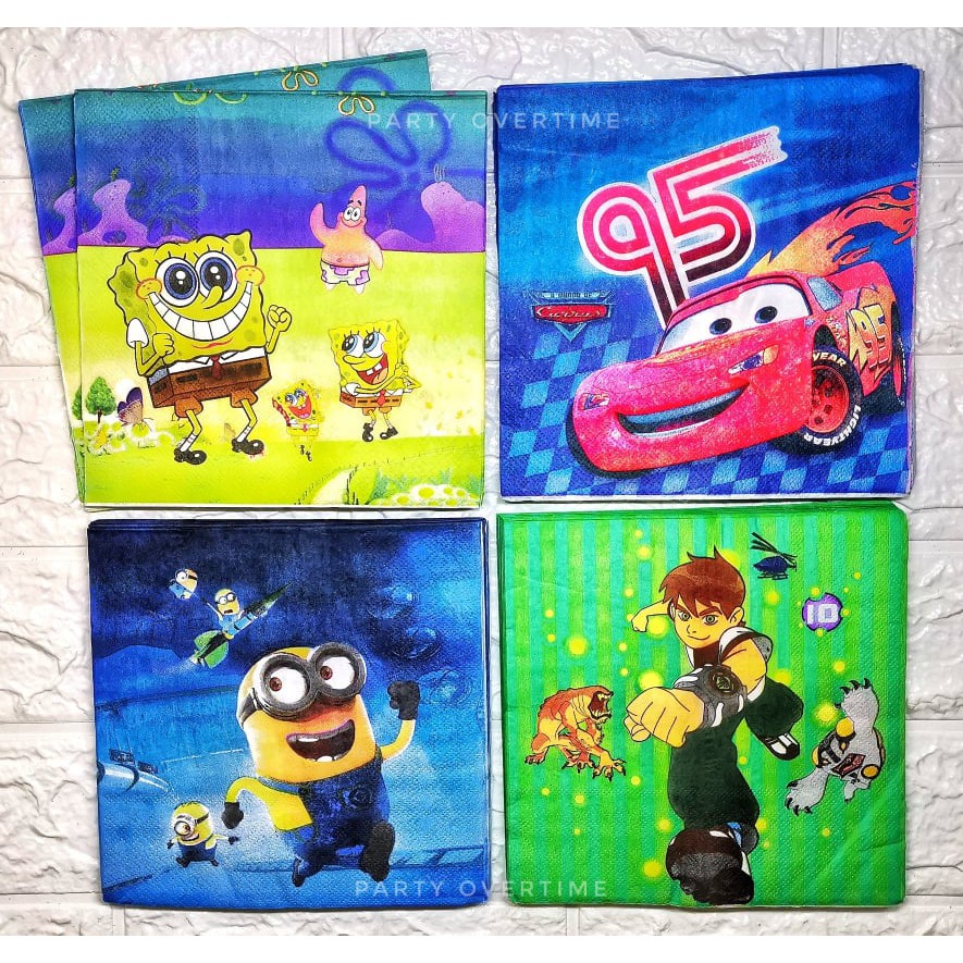 20 pcs Paper Napkin Tissue Spongebob Cars Minions Ben 10 Character ...