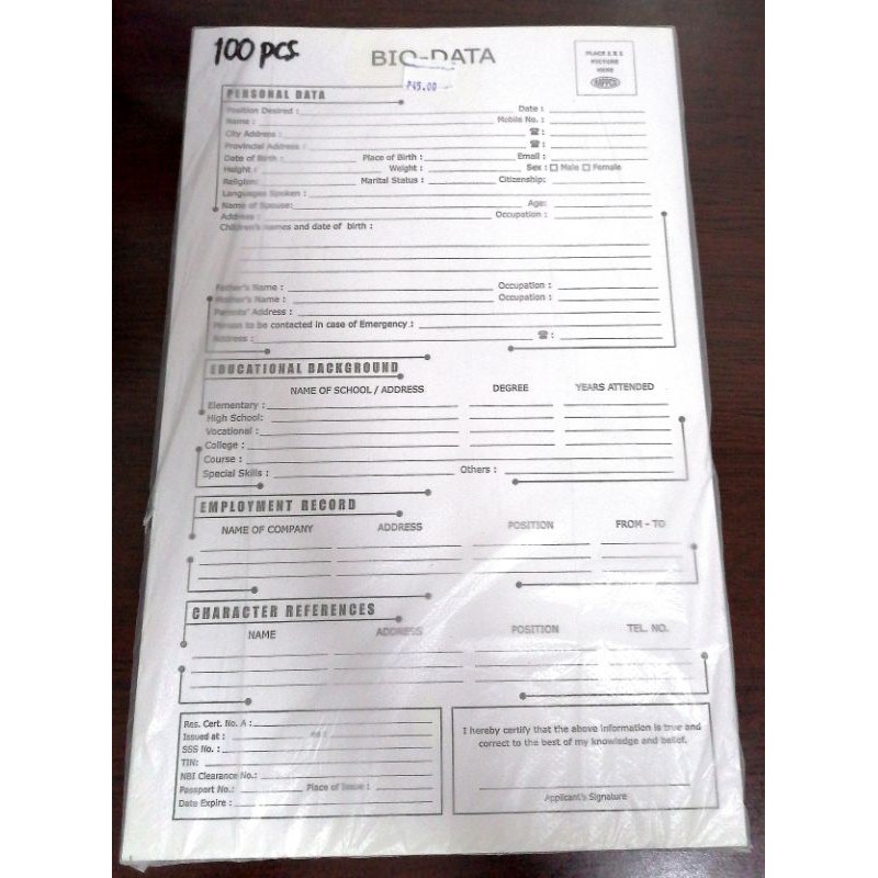 BIO-DATA Forms 100 pieces per packs | Shopee Philippines