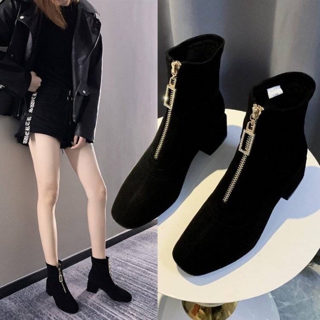 High Neck Suede Boots With Rectangular Buckles And High Heels 5cm (With ...