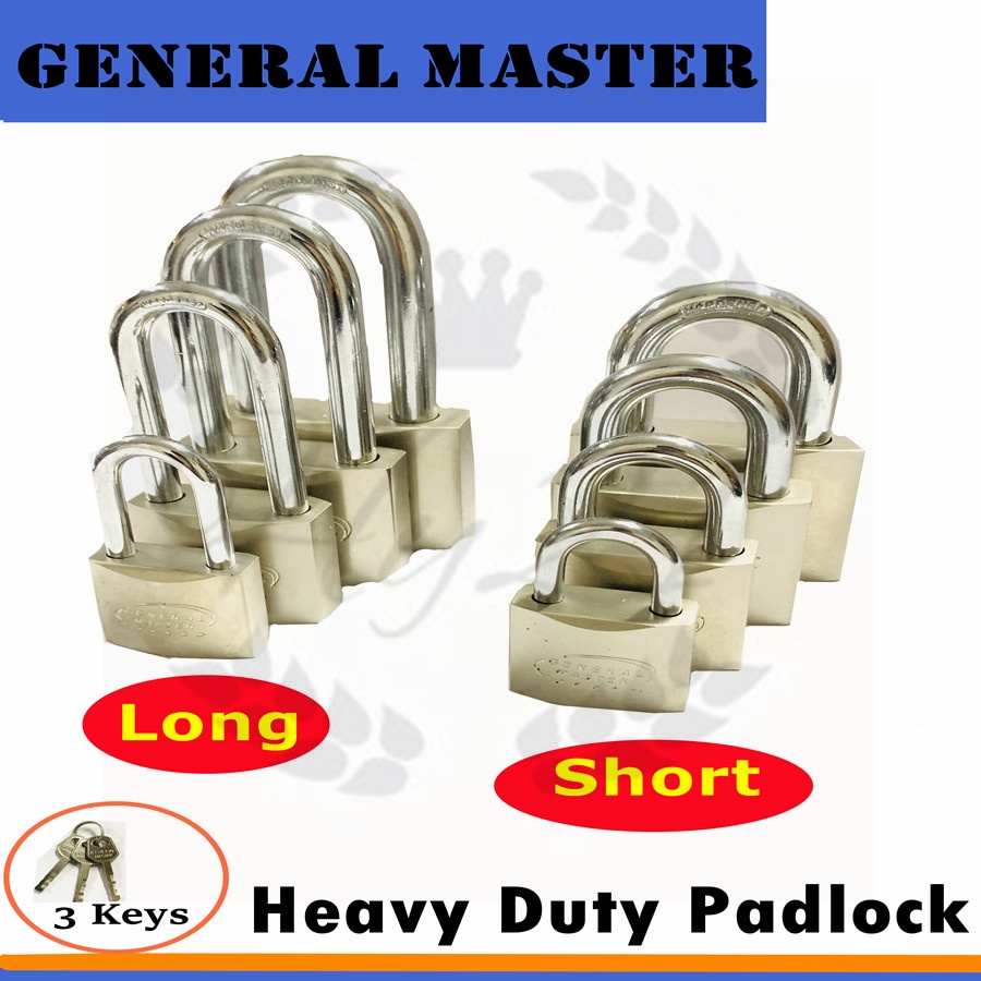 GENERAL MASTER Heavy Duty Iron Padlock Long Shackle & Short Shackle ...