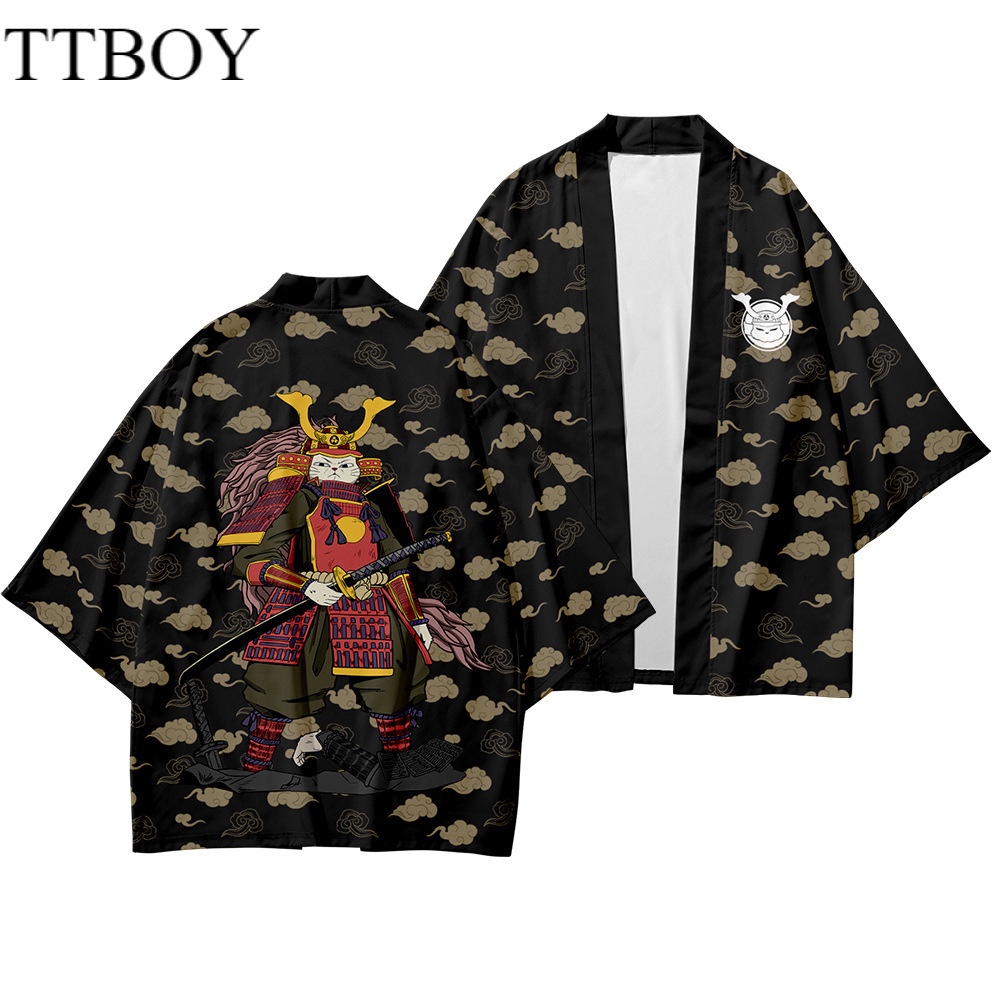 2022 Samurai Cat Anime Beach Cardigan Harajuku Kimono Cosplay Japanese ...