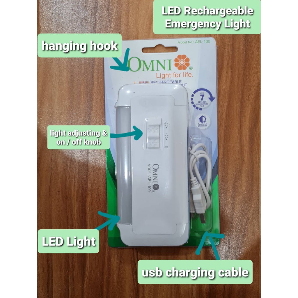 Omni Emergency Light Rechargeable LED Flashlight Adjustable Brightness AEL-100 (per pc) | Shopee ...