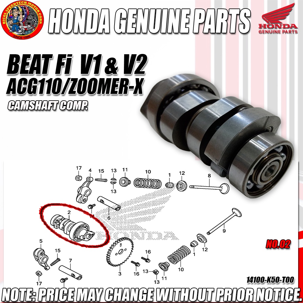 BEAT FI V1/V2/ZOOMER X CAMSHAFT COMP. (HPI) (GENUINE: 14100-K50-T00 ...