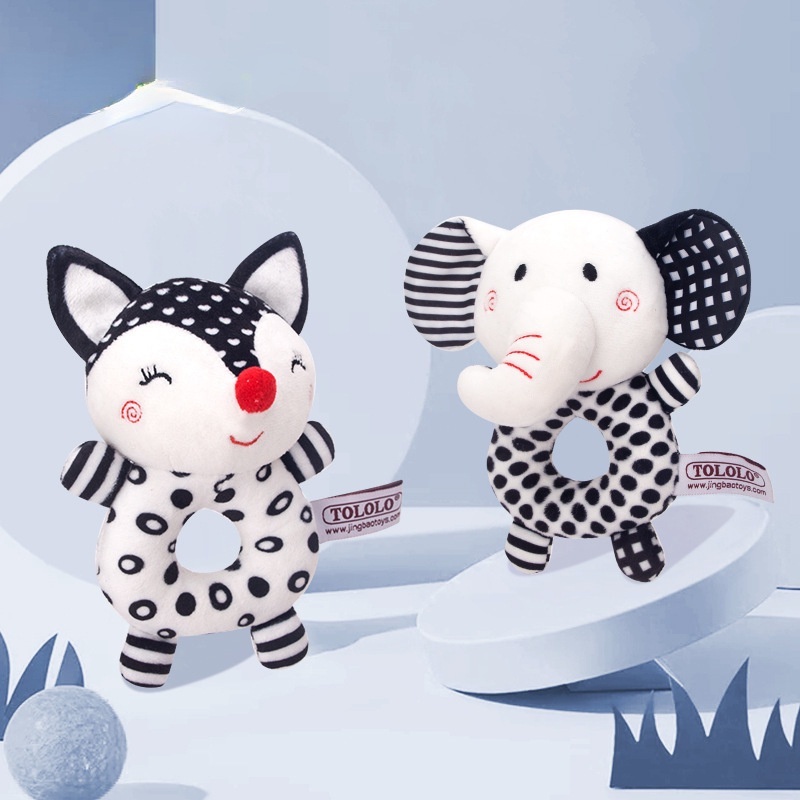 Baby Fox Elephant Rattle Newborn Round Hand Rattle Toy Bell Black White ...