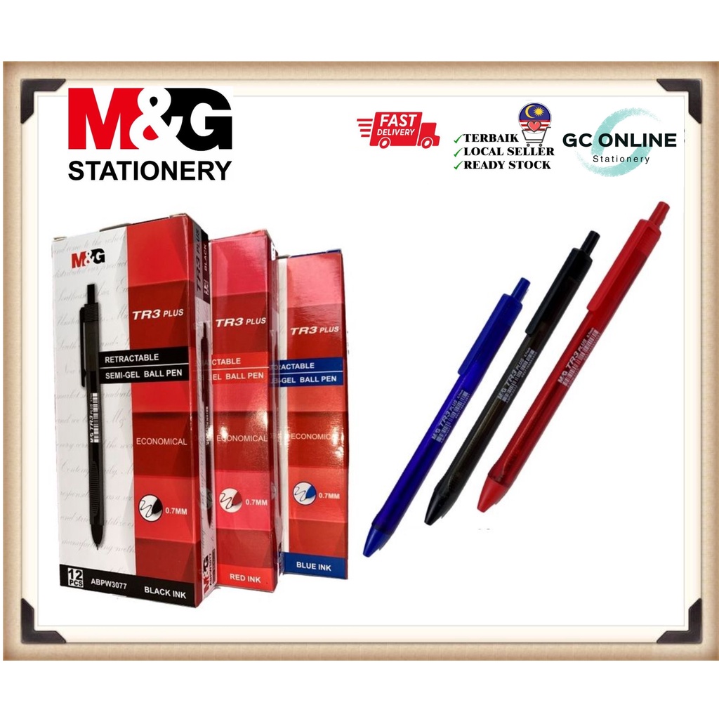 M&G TR3 Plus 0.7mm Semi Gel Ball Pen ABPW3077 - Black, Blue, Red ...