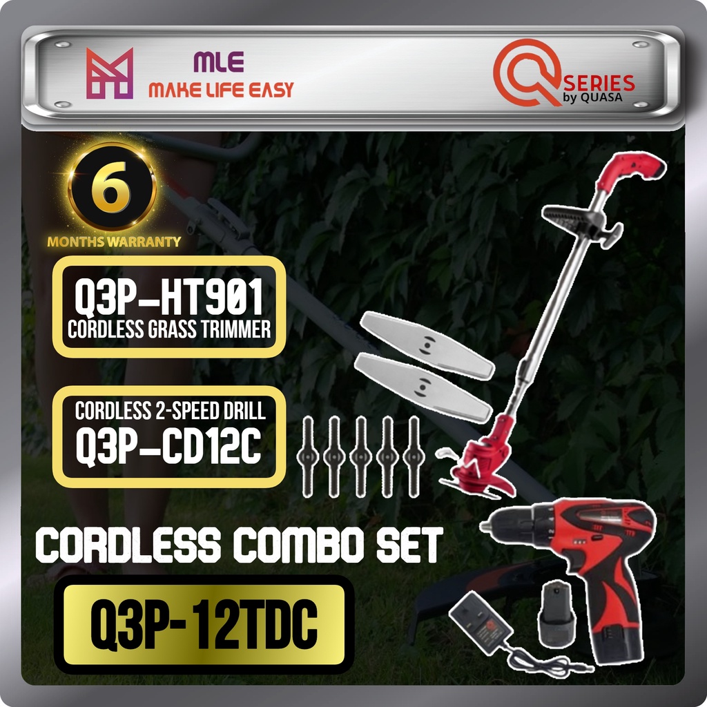 QUASA Q3P-12TDC COEDLESS COMBO SET (Q3P-HT901 CORDLESS GRASS TRIMMER + Q3P-CD12C CORDLESS 2 ...