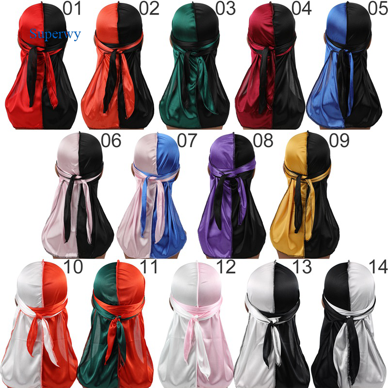 Superwy Silky Durag Pirate Cap 2 Tone Color Block Long Tail Headwrap
