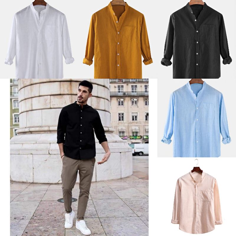 Chinese Collar Long Sleeve Polo Full Button For Men cotton | Shopee ...