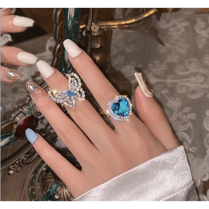 Luxury glitter diamond blue water drop heart-shaped love ring | Shopee ...