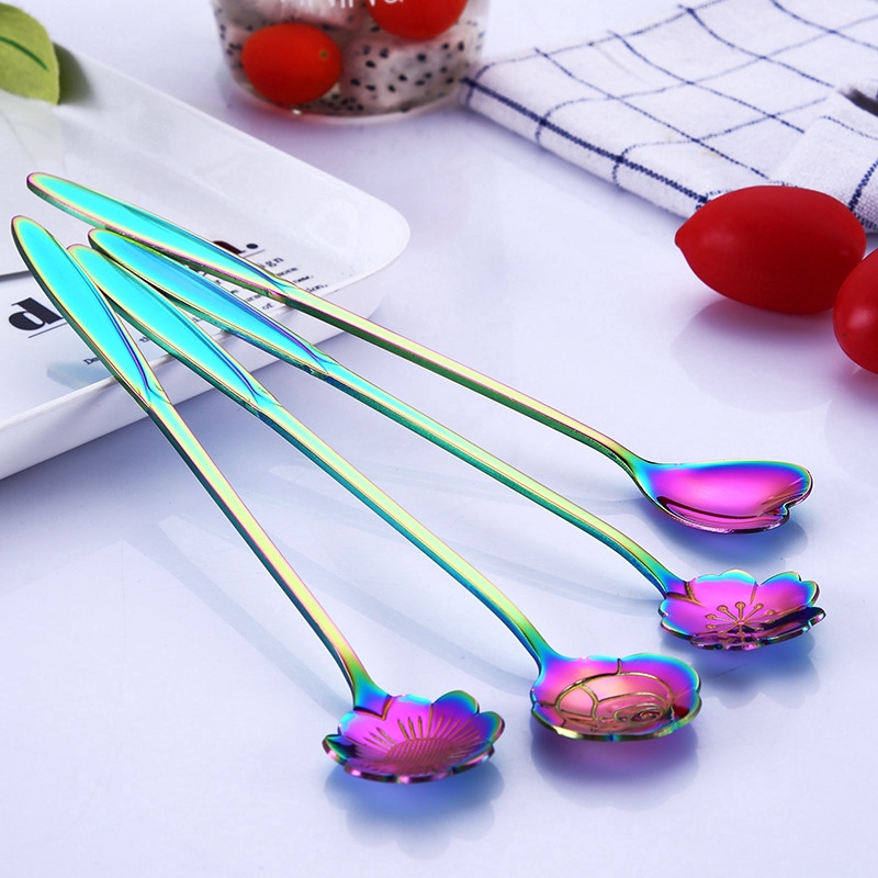 Stainless Steel Petals Spoon Colorful Rose Long Handle Stirring ...