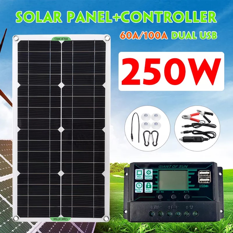 250W Solar Panel Kit Complete Dual 12/5V DC USB With 60A/100A Solar ...