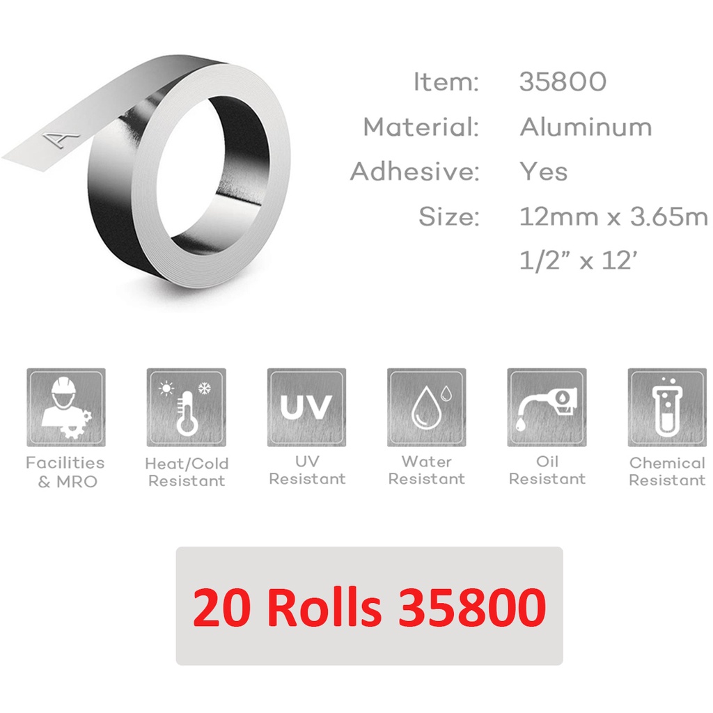 20 Rolls 35800 Adhesive Aluminum 3D Embossing tape suit for DYMO Rhino ...