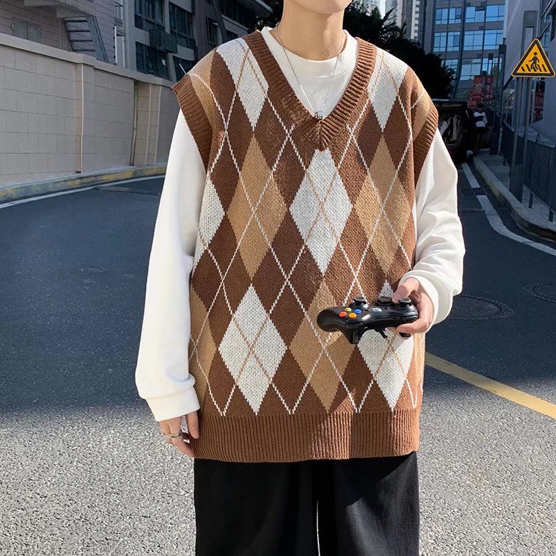 7 Colors V Neck Vintage Knitted Vest For Men Plaid Stripes Khaki White ...