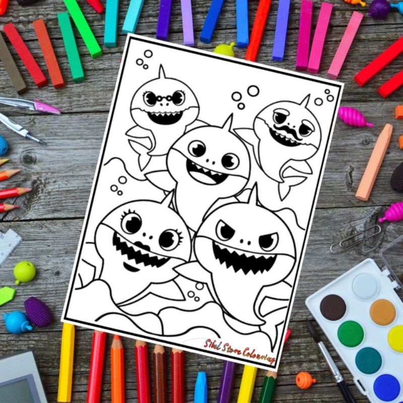 Baby Shark Themed Children's Coloring Paper Drawing Paper/ (10 Picture ...
