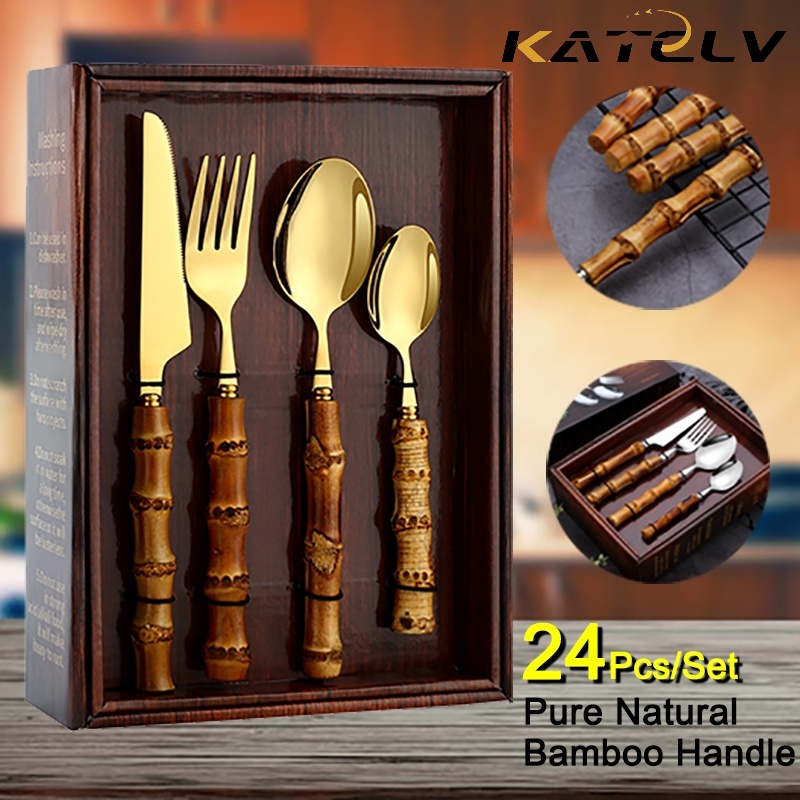 KATELV 24 Pcs Natural Bamboo Tableware Set Stainless Steel Includes ...