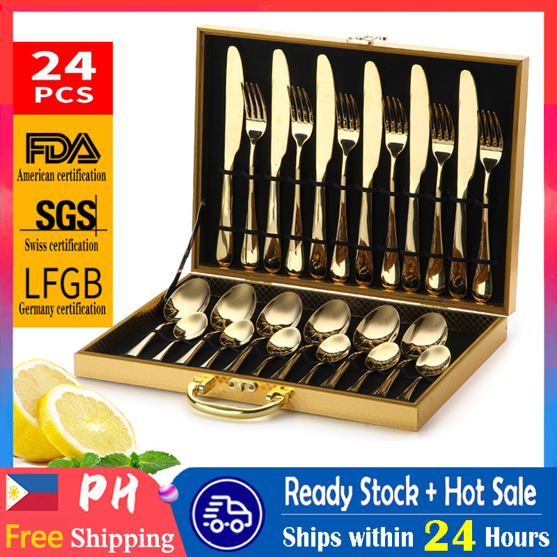 24 Piece Cutlery Set Gold Gift Box With Stainless Knife, Spoon and Fork ...