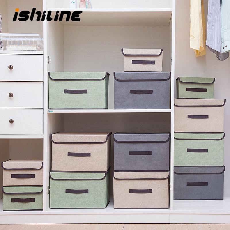 2in1 Cotton Storage Box Plain Color Foldable Storage Box Organizer With ...