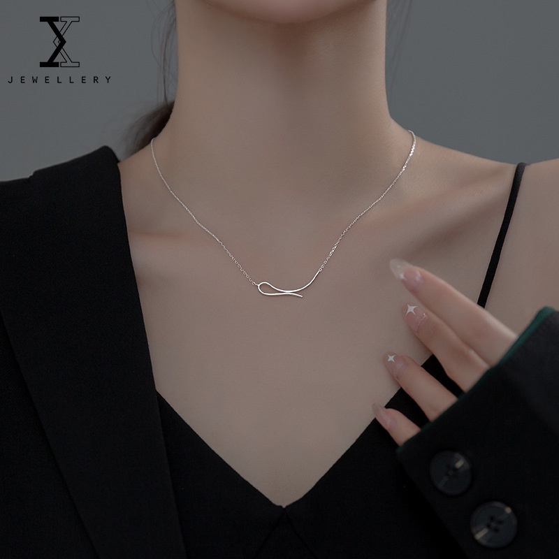 100% S925 Sterling Silver Necklace Simple Arc Curve Necklace Line Knot Clavicle Chain Fashion ...