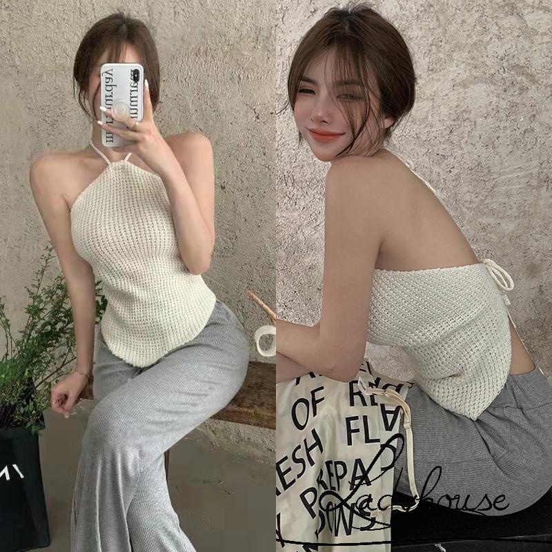 Ldd Women Halter Cami Tops Summer Sleeveless Tie Backless Solid Color