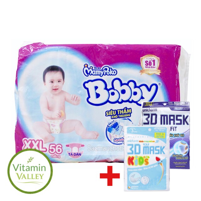 Bobby Diaper Diaper Combo M76/L68/XL62/XXL56 with 2 Unicharm 3D Masks ...
