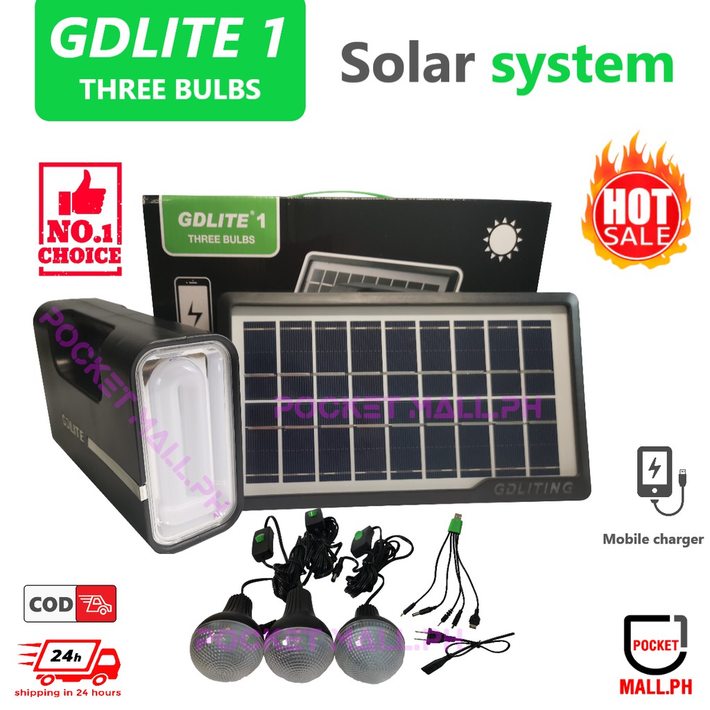 GDLITE Solar Lighting System Kit (BLACK) with solar panel and three ...