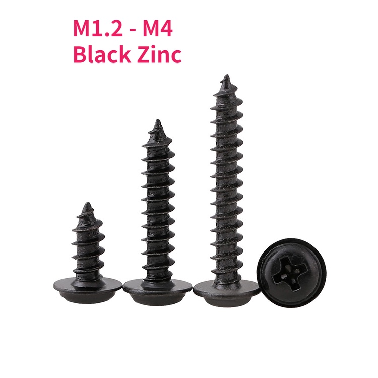 M1.2 M1.4 M1.7 M2 M2.3 M2.6 M3 M4 Black Zinc Cross Phillips Round Pan Head With Washer Pad ...