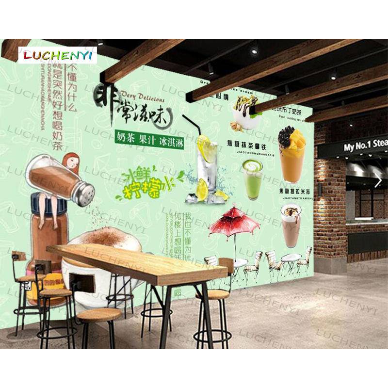 Custom green 3d wallpaper mural, restaurant milk tea juice shop dining ...