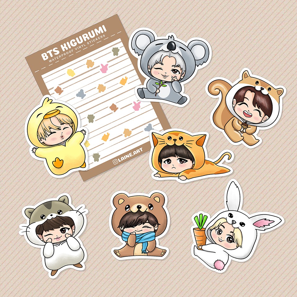 (7pcs per set) BTS Kigurumi Animal Onesies Waterproof Vinyl Stickers ...